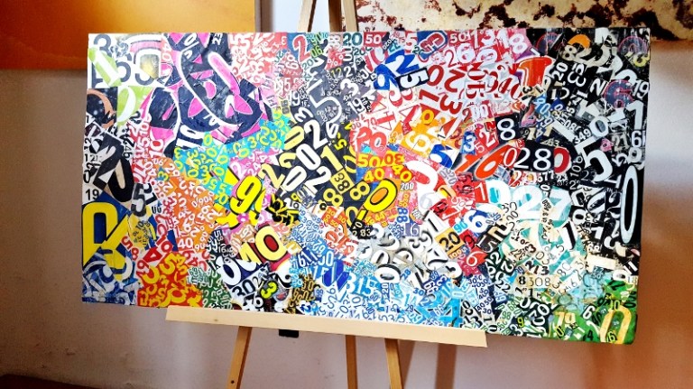 “NUMBERS…”: COLLAGE (110 x 57 CMS) MADE WITH WASTE PAPER OF DECOMPOSED ...